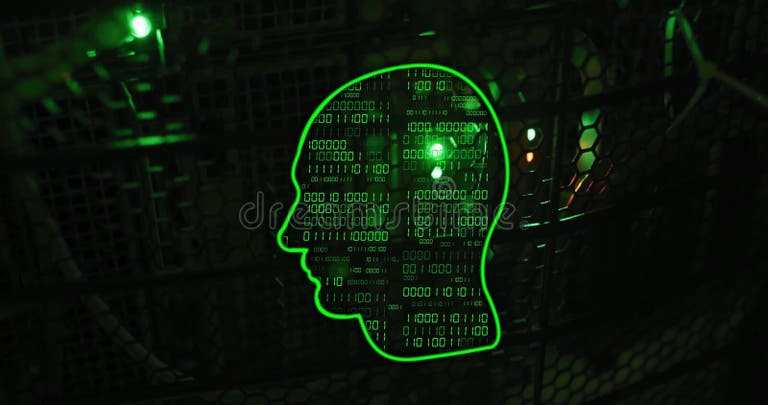 Binary Code and Digital Data Processing Image Over Human Head Silhouette in Green Stock Photo ...