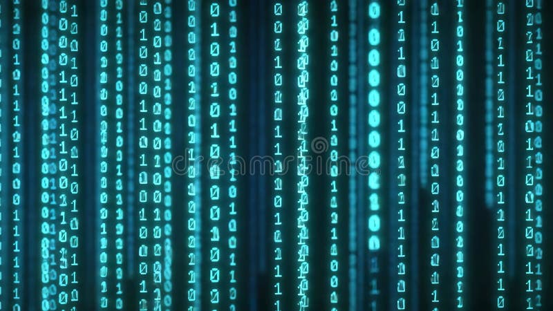 Binary Code Digital Data Stream with Glowing Blue Numbers and Vertical Lines Representing ...