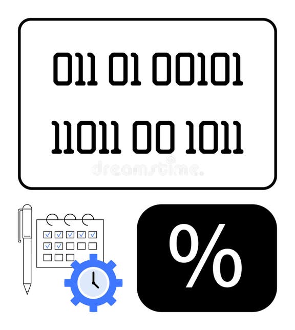 Binary Code, Calendar with Pen and Clock Gear, Percentage Symbol ...