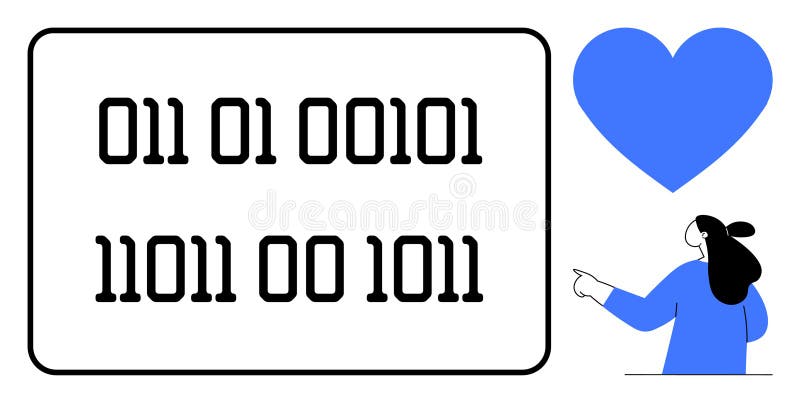 Binary Code Display with Blue Heart and Person Pointing Stock Vector - Illustration of computer ...