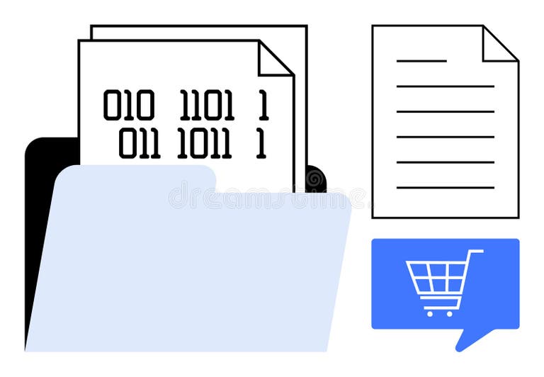 Binary Data and Documents in Folder with Shopping Cart Icon Indicating E-commerce and Digital ...