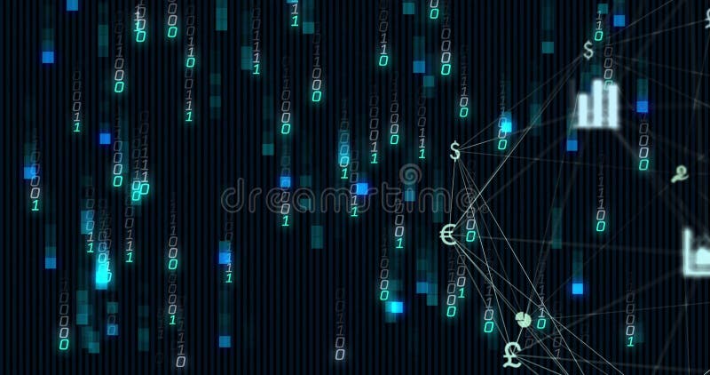 Binary Code and Financial Symbols Animation Over Dark Background with ...