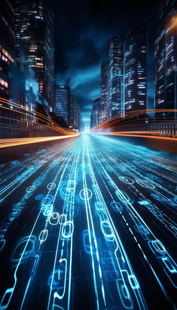 Binary Code Flowing through City Streets Fast Digital Data Transfer Concept in Motion Blur Stock ...