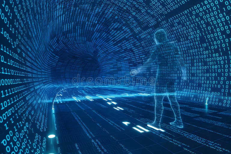 Binary Code Forming Tunnel, Humanoid Silhouette Interacting, Cool Blue Hue Stock Illustration ...