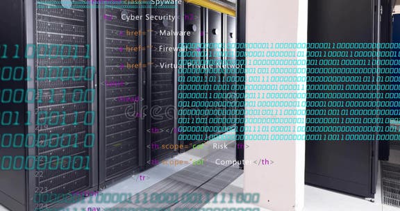 Binary Code and HTML Tags Over Server Racks in Data Center, Highlighting Internet Security Stock ...