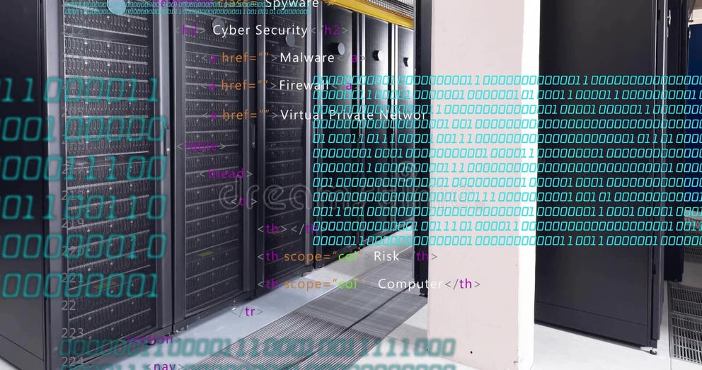 Binary Code and HTML Tags Over Server Racks in Data Center, Highlighting Internet Security Stock ...