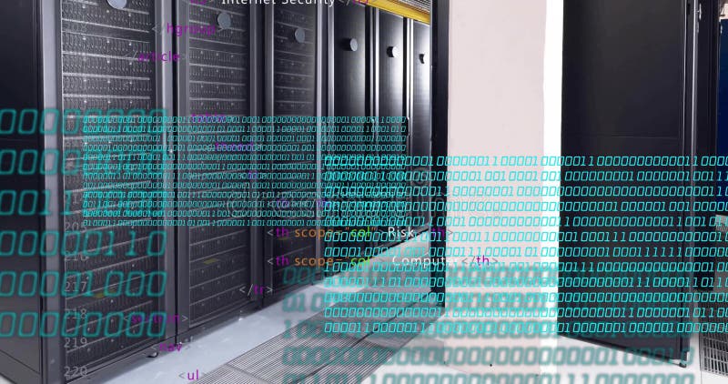Binary Code and HTML Tags Over Server Racks in Data Center, Highlighting Internet Security Stock ...