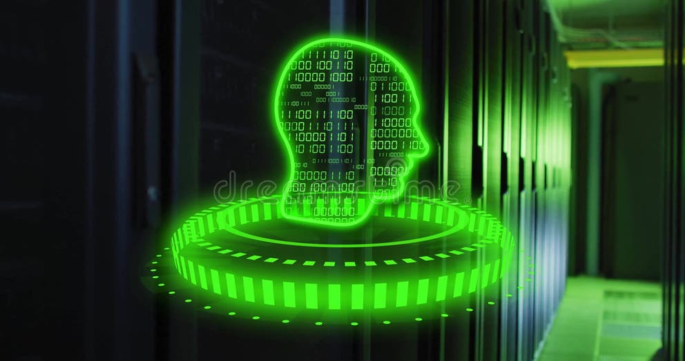 Binary Code Human Head and Digital Interface Image Over Server Room ...