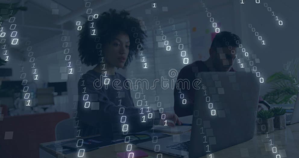 Binary Code Image Over Diverse People Working on Laptops in Office ...