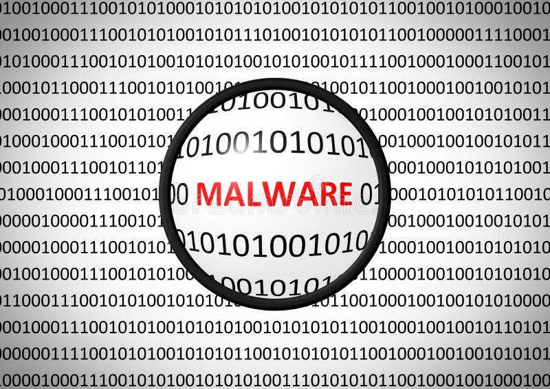 Binary Code with MALWARE and Magnifying Lens Stock Illustration ...