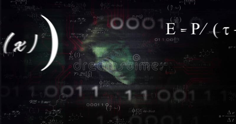 Binary Code and Mathematical Formulas Animation Over Person in Dark ...