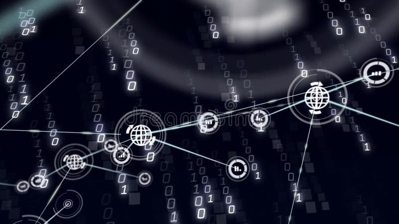 Binary Code and Network Connections Animating on Dark Background with Digital Icons Stock Video ...