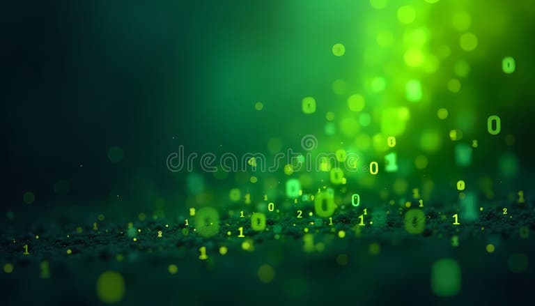Binary Code Numbers Floating in a Green Gradient Background with Bokeh ...