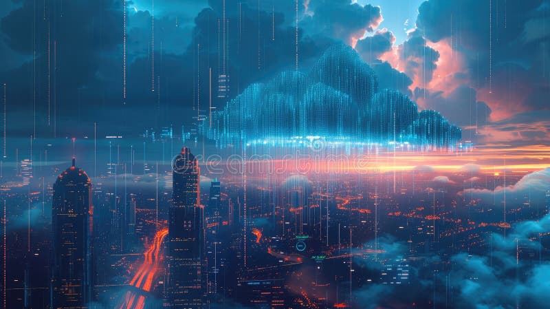 Binary Code Over City: Cloud Computing Concept. Stock Illustration - Illustration of internet ...