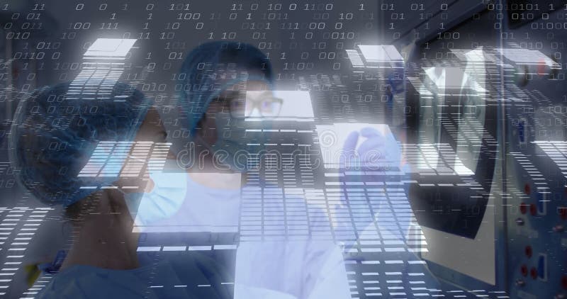 Binary Code Overlay Pulsing Prompts Doctors Rotating and Annotating ...