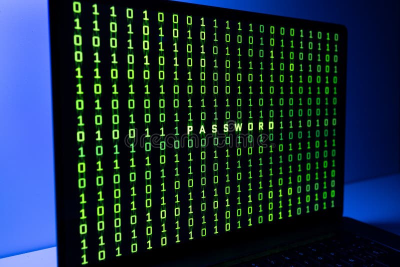 Binary Code And Password Word Background On Laptop Computer Screen