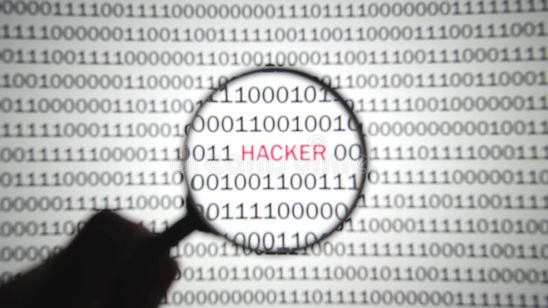Binary Code with a Red Label Hacker is Viewed with a Magnifying Glass ...