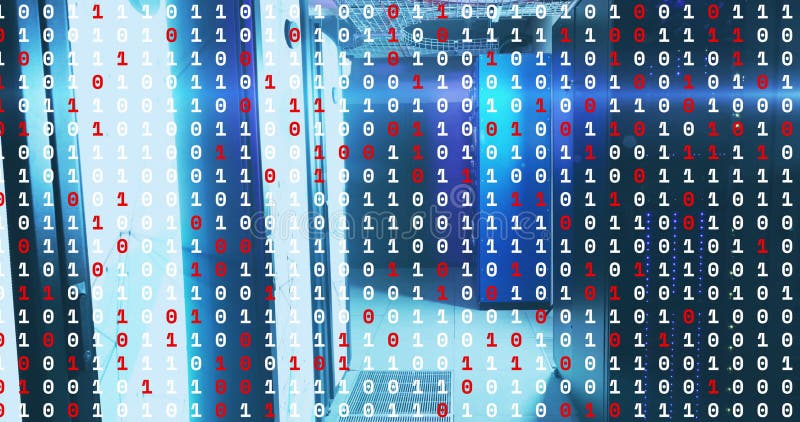 Binary Code in Red and White Over Image of Server Room Stock Photo - Image of technology ...