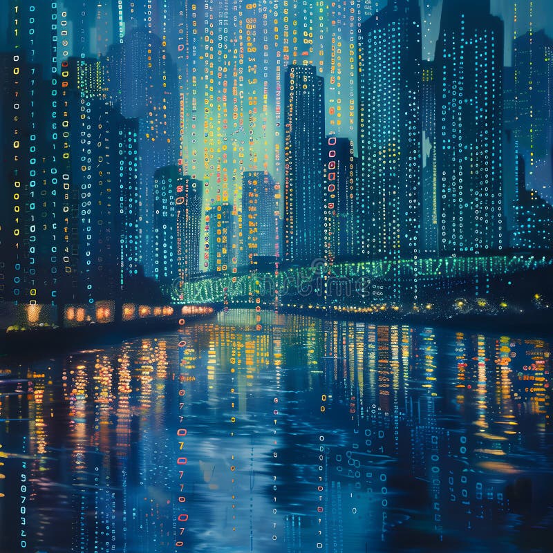Binary Code River through City. Stock Illustration - Illustration of ...