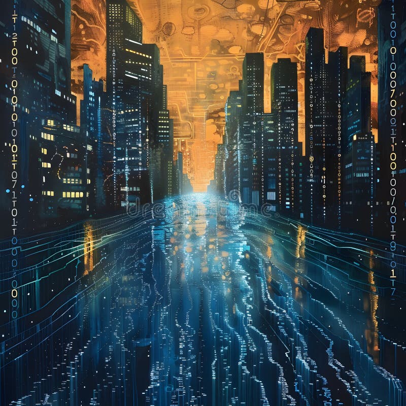 Binary Code River through City. Stock Illustration - Illustration of ...