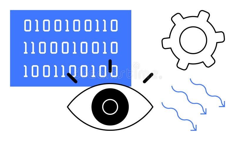 Data Processing Visualization with Binary Code, Eye Symbol, Gear, and ...
