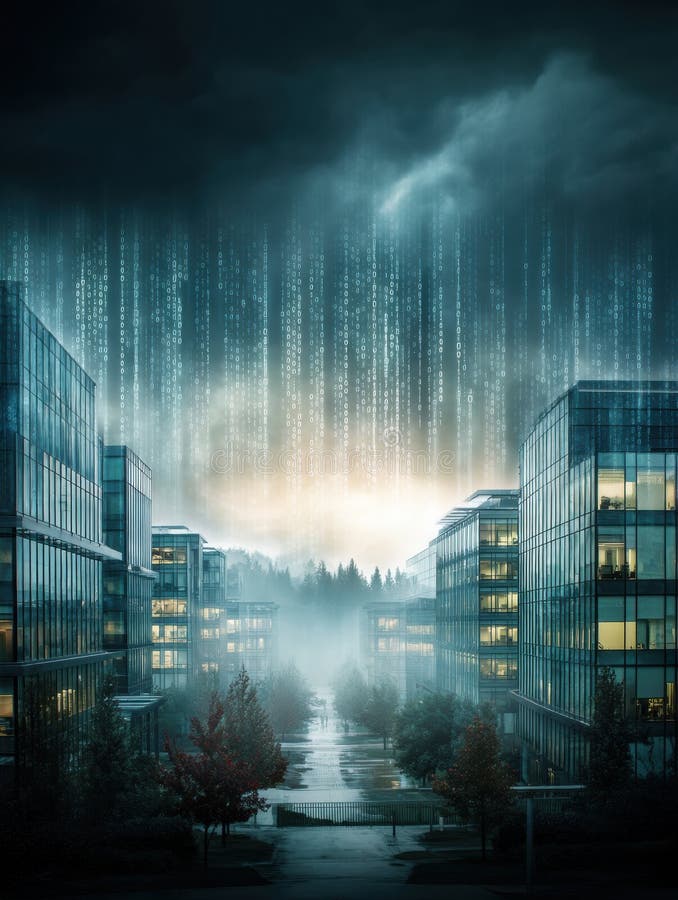Binary Code Storm Envelops Tech Campuses while US and China Buildings ...