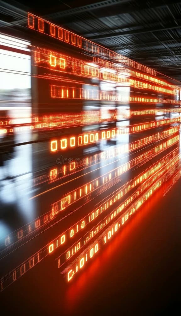 Binary Code Stream in Motion, Digital Data Flow in Cyberpunk Office. Information Technology ...