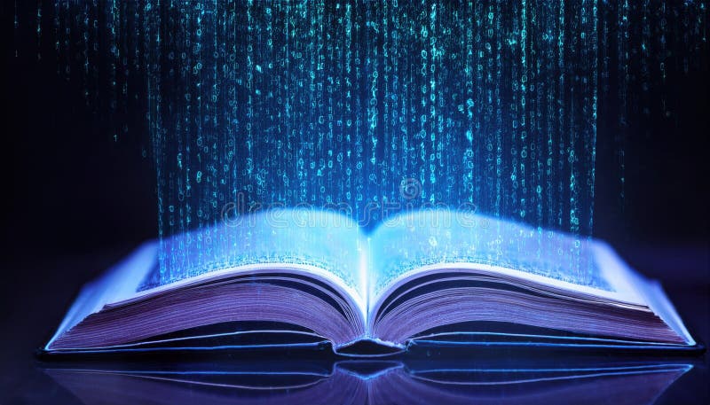 Binary Code Streams Upward from the Center of an Open Book Glowing in a Dark Digital Space Stock ...