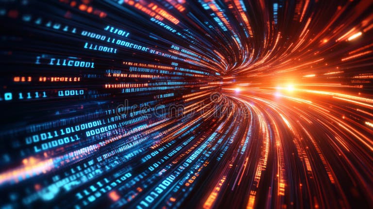 Binary Code Tunnel with Bright, Blurry Orange and Blue Lights Stock Illustration - Illustration ...