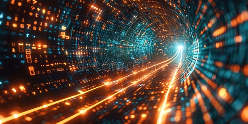 Binary Code Tunnel with Digital Elements. Abstract Art Digital Image ...