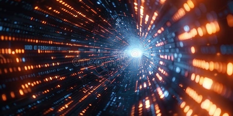 Binary Code Tunnel with Digital Elements. Abstract Art Digital Image ...