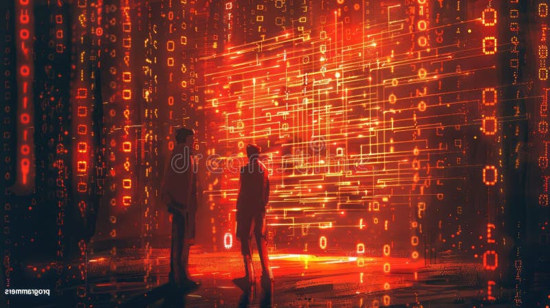 Binary Code Two People Standing in Front of a Red Binary Code Wall AIG535 Stock Illustration ...