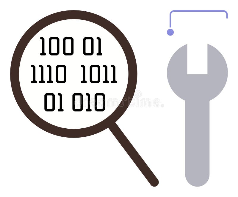 Binary Code Under Magnifying Glass with Wrench Representing Digital ...