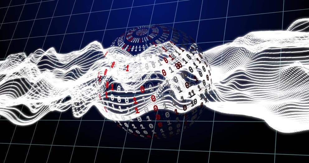 Binary Code and Wave Patterns Image Over Grid Background Stock Illustration - Illustration of ...
