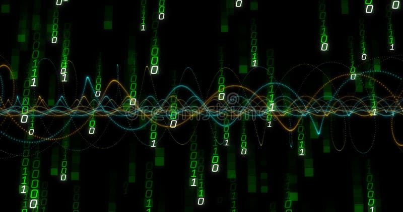 Binary Code And Wave Patterns Intertwining In Digital Data Processing