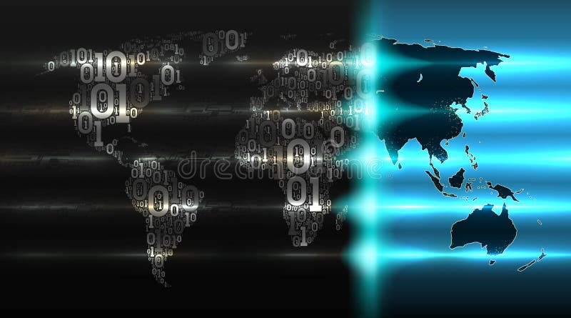 Binary Code World Map with with a Background of Abstract Electronics. Concept of Internet of ...