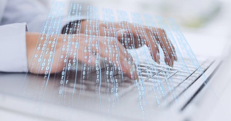 Binary Coding Data Processing Against Mid Section Of Person Typing On