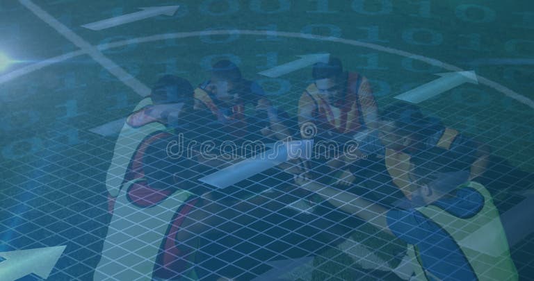 Binary Coding Data Processing and Arrows Against Team of Male Soccer ...