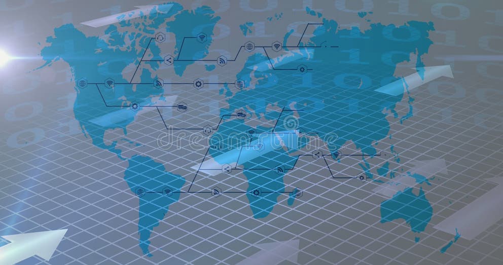 Binary Coding Data Processing and Grid Network Over World Map Against ...