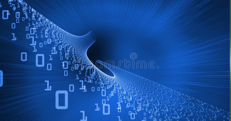 Binary Coding Data Processing Over a Digital Tunnel Against Light Trails on Blue Background ...