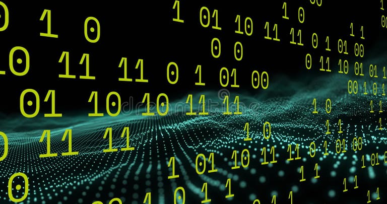 Binary Coding Data Processing Over Green Digital Wave Floating Against Black Background Stock ...