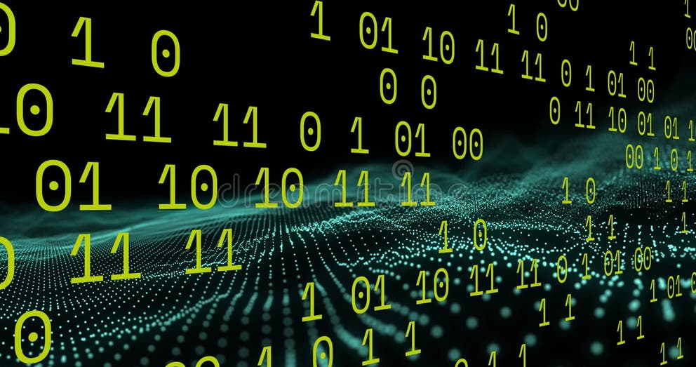 Binary Coding Data Processing Over Green Digital Wave Floating Against Black Background Stock ...