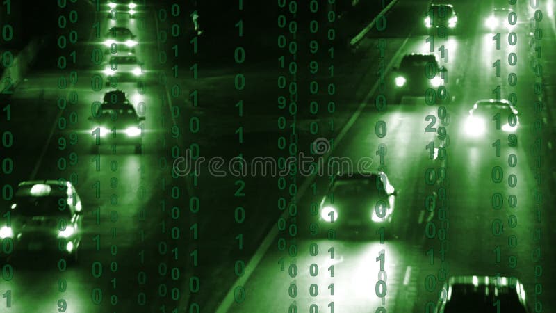 Binary Computer Code Scrolling Over Traffic Merging Onto Freeway at ...