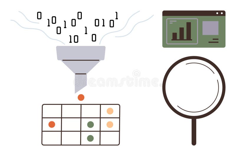 Data Filtering Process with Funnel, Binary Code, and Analytics Visualization Stock Illustration ...