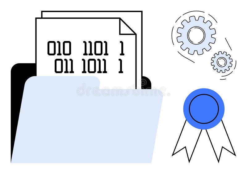 Binary Data in Folder with Gear Cogs and Certification Badge for ...