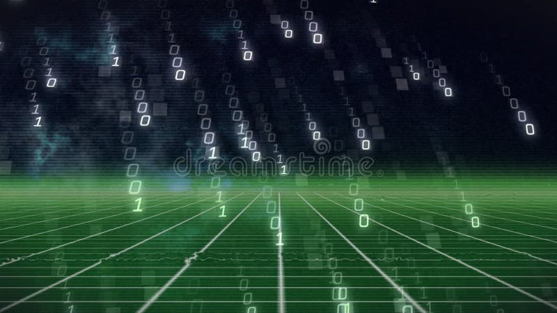 Binary Digits Appearing at Top and Drifting Over Green Wireframe Grid Visualizing Digital Data ...
