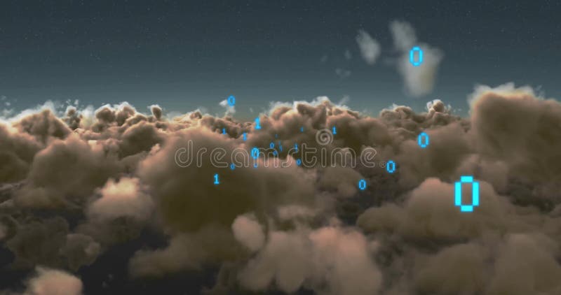 Binary Digits Cluster Appearing Above Warm Cloud Deck, Camera Gliding Forward Showing Data Flow ...