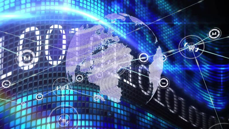Binary Digits Scrolling Globe Fading in Rotating Light Arc Sweeping Icons Visualizing Data ...