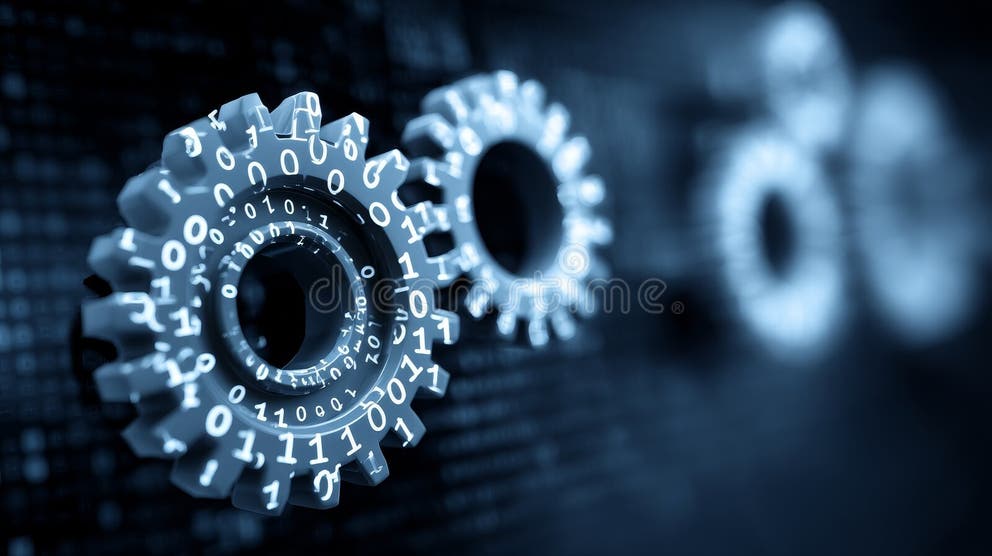 Binary Gears Technology Closeup of Interlocking Gears with Binary Code ...