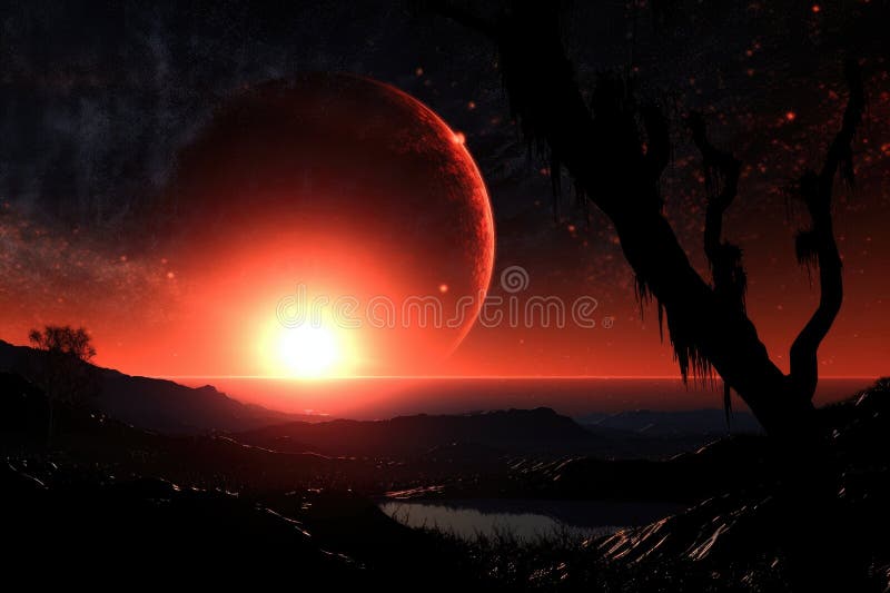 Binary Star System with Exoplanet Silhouetted in Space Stock ...